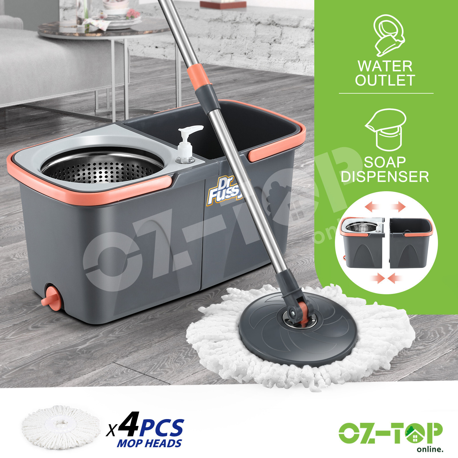 DR FUSSY Spinning Spin Mop Dual Bucket System 360 Rotating Floor Clean ...