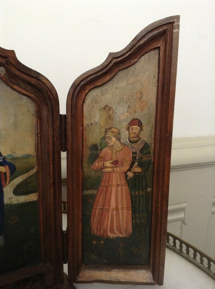 19th Century ANTIQUE TRIPTYCH Angel Figures Dog Middle Ages RARE Oil ...