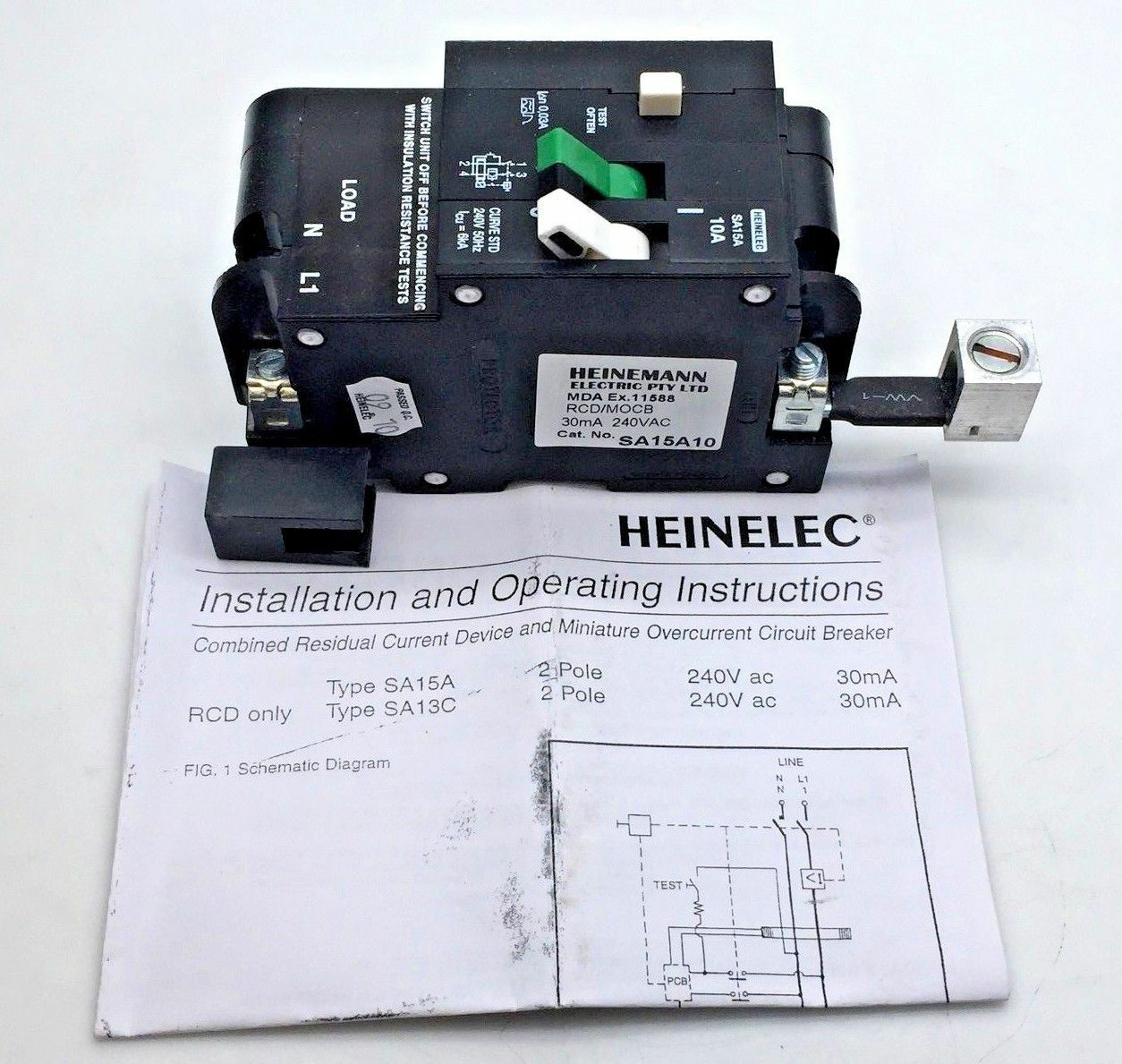 Heinelec Heinemann SA15A10 RCBO Circuit Breaker 250VAC 10A 1+2P 30mA ...