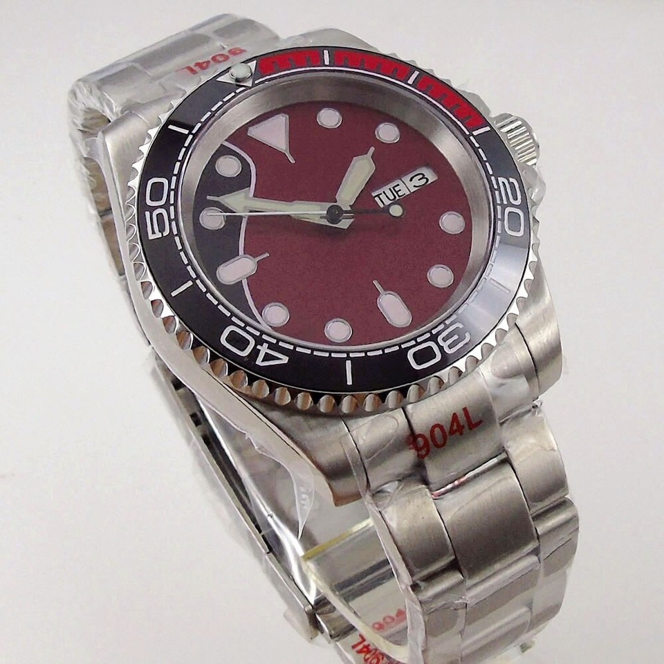 Red Japan NH36A Movement Steel Automatic Men Watch Green Lume Hand ...