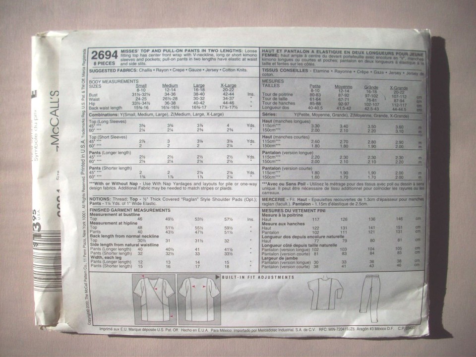 Front wrap V-neck top pull on pants pattern 2694 size 12-14 16-18 20-22 ...