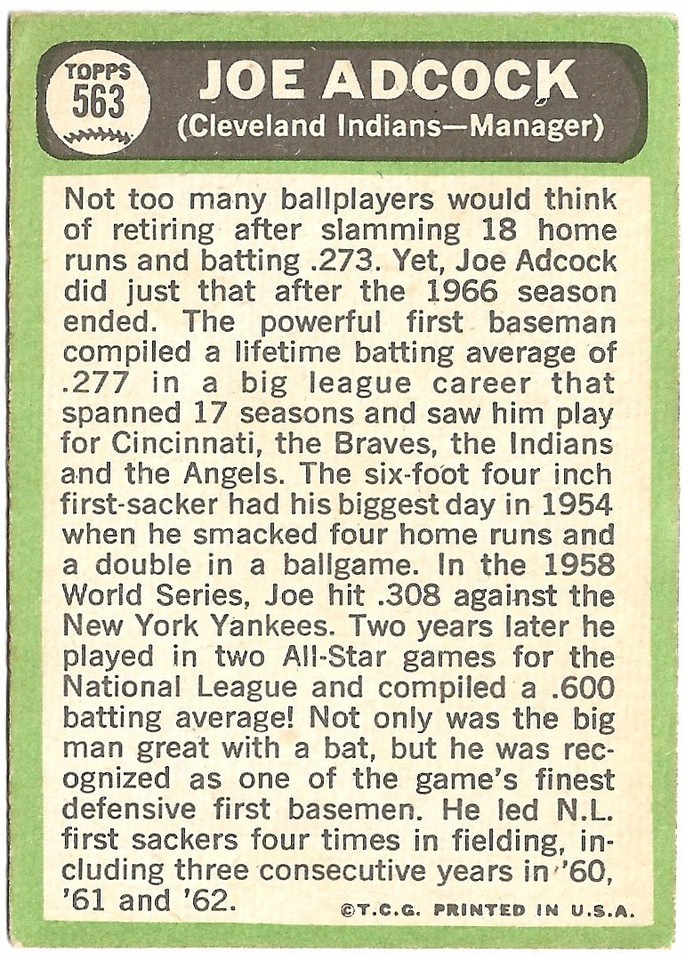 1967 TOPPS HIGH NUMBER #563 JOE ADCOCK INDIANS MGR (GD+) READ ...