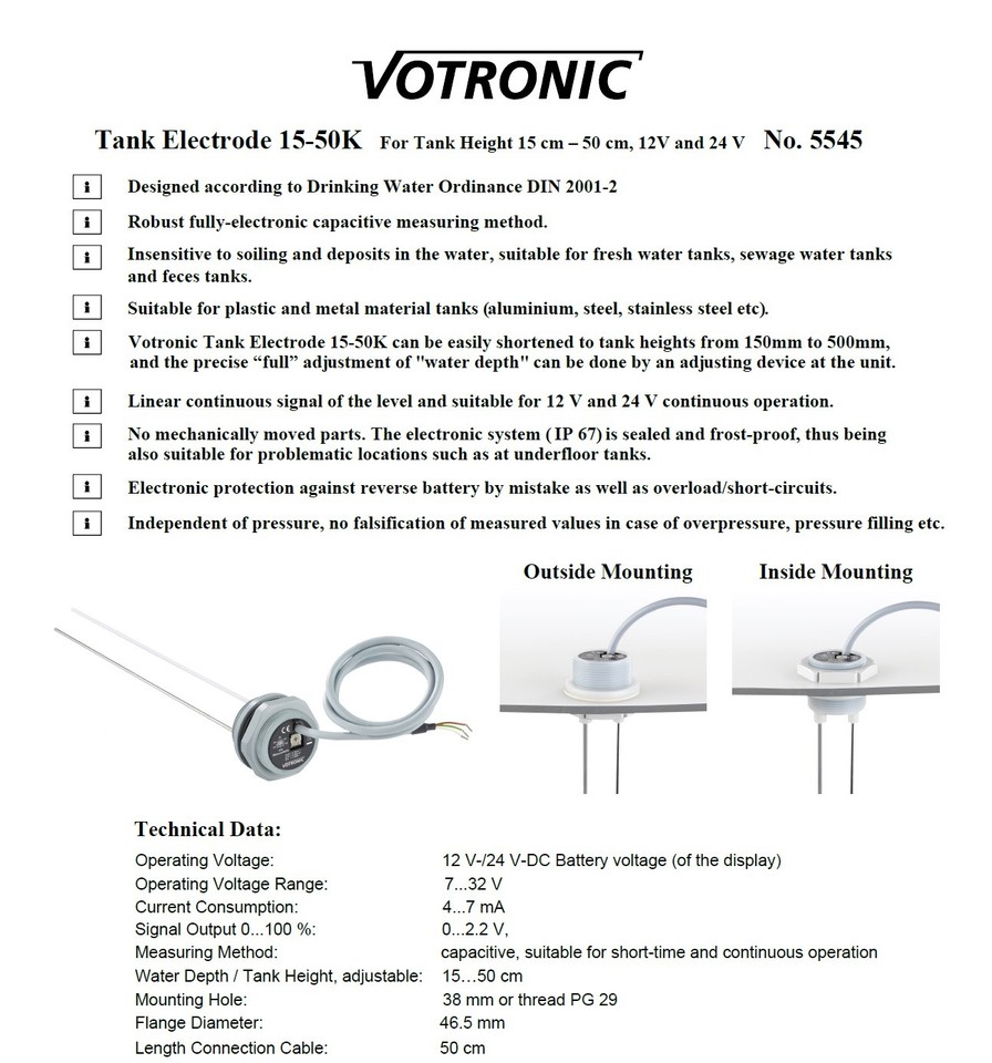 Votronic Fresh Water Tank Level Gauge Monitor Meter Sensor RV Camper ...