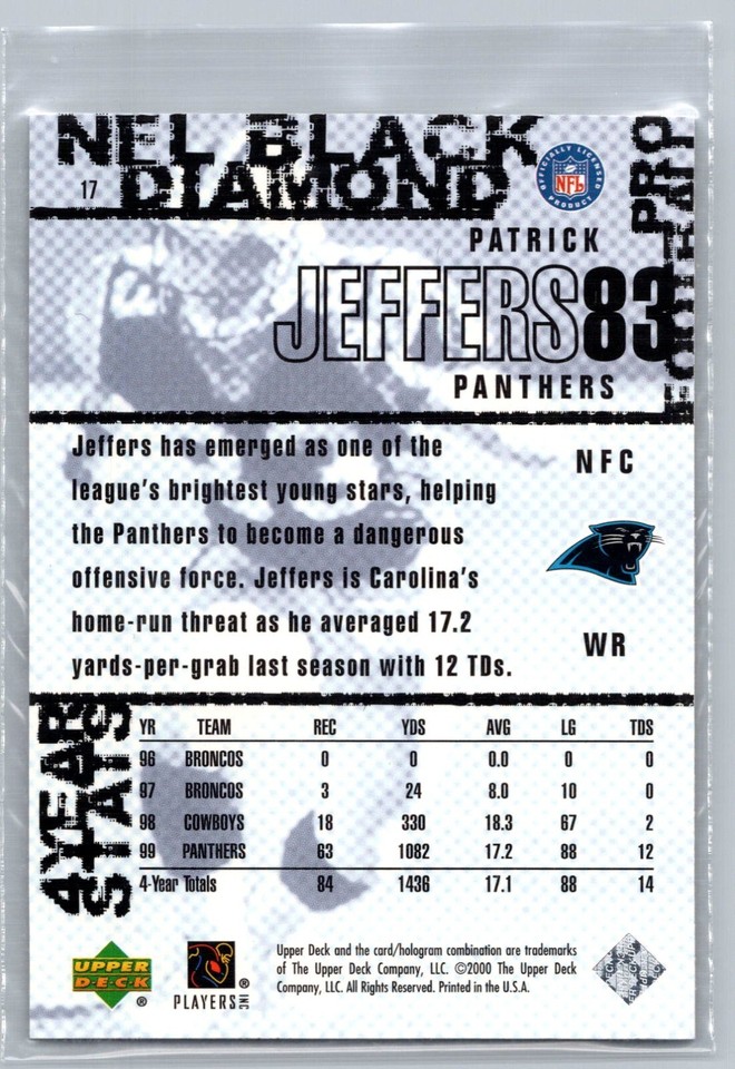 2000 Upper Deck BLACK DIAMOND Card # 17 Patrick Jeffers - Carolina ...
