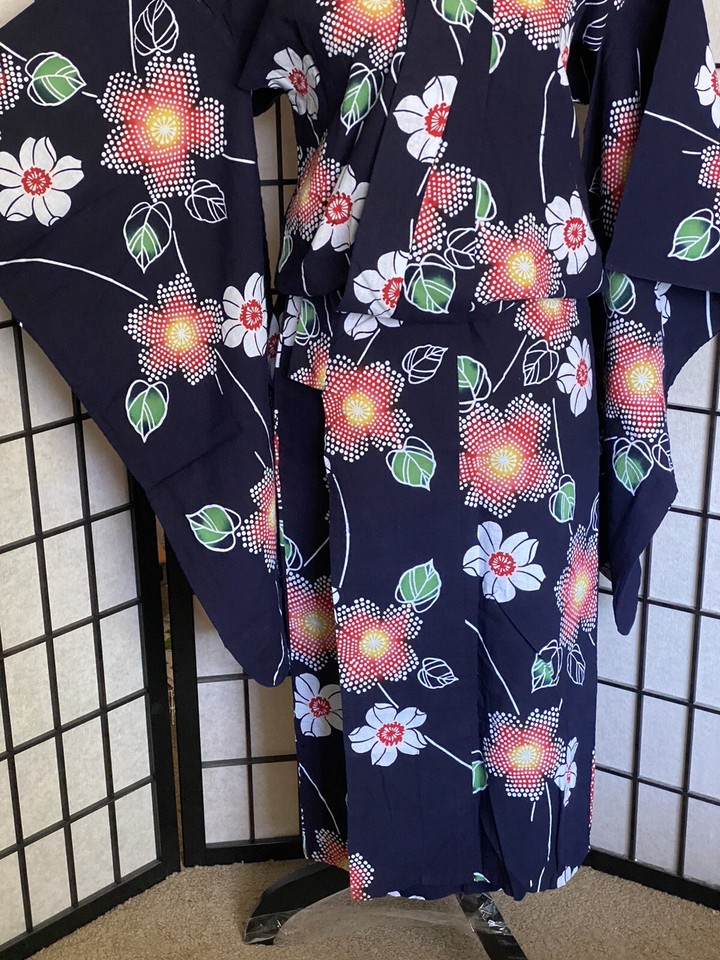 (S) Blue YUKATA Furisode Style Cotton kimono indigo Flower White Red ...