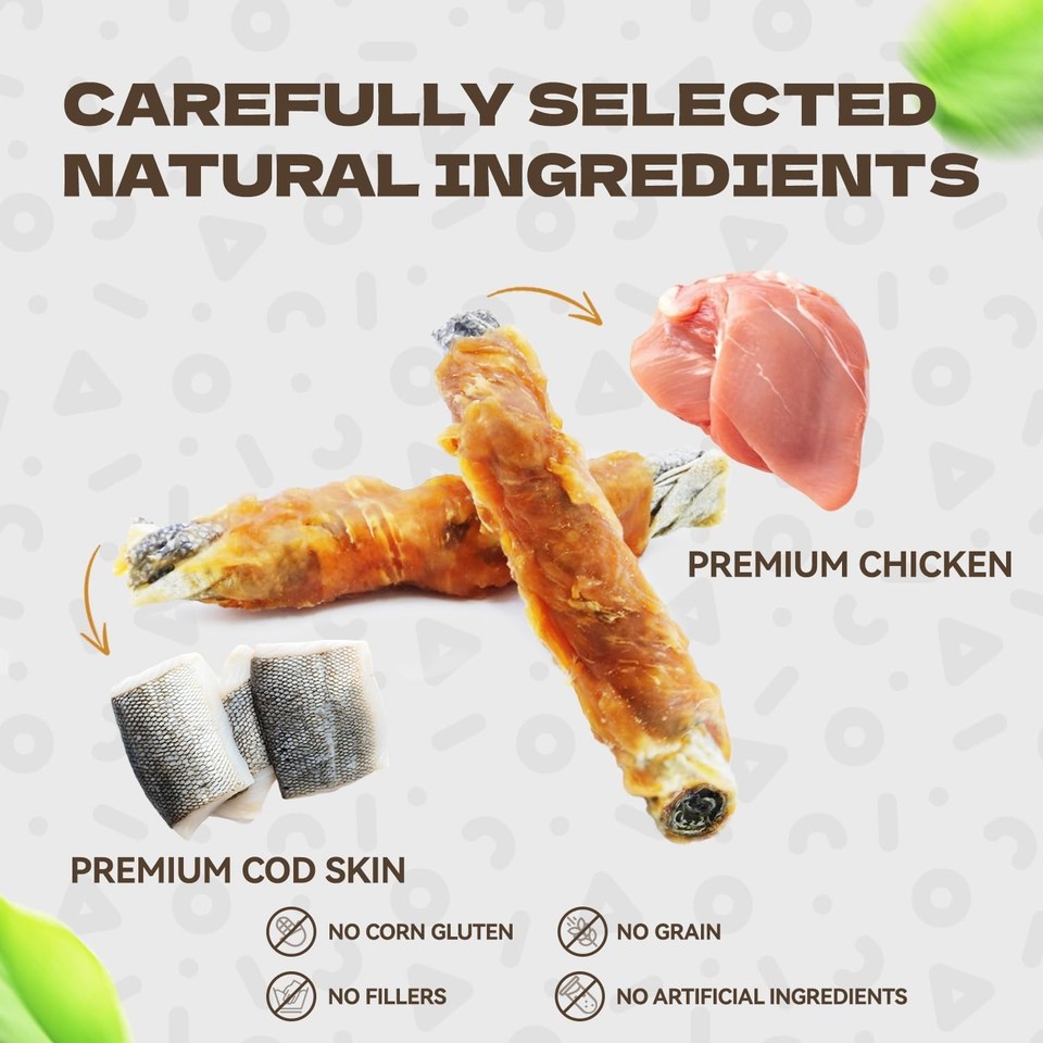 Chicken Wrapped Cod Skin Dog Treats, High Protein Chicken Jerky Chews ...