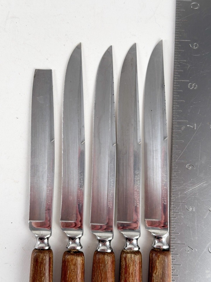 (5) VTG Peaso Germany Solingen SS Steak Knives Inlaid Silver Deer ...