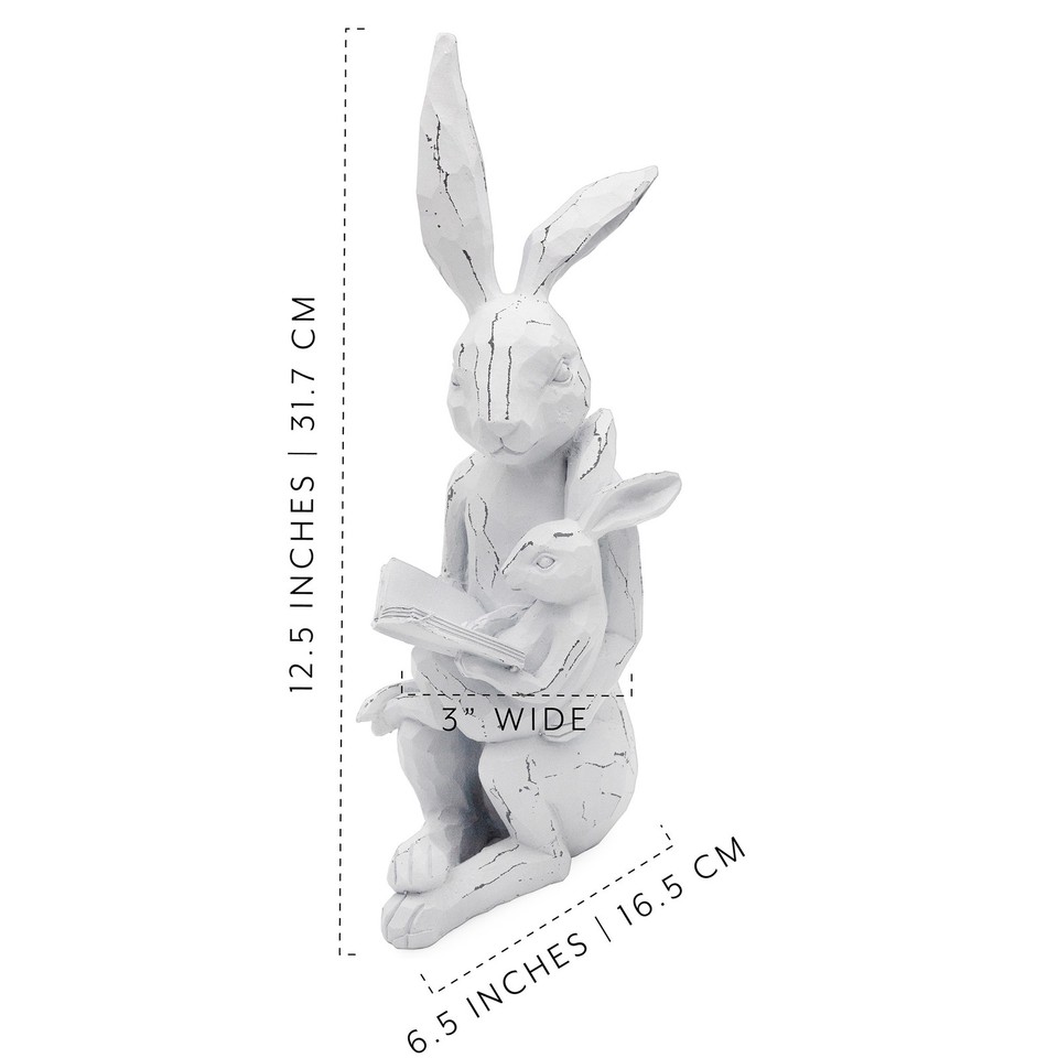 Easter Reading Rabbit Figurine with Baby Rabbit, Farmhouse White Bunny ...