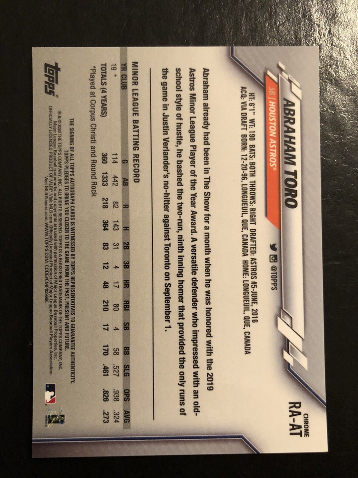 2020 Topps Chrome Abraham Toro #RA-AT Autograph Auto Rookie RC Astros ...
