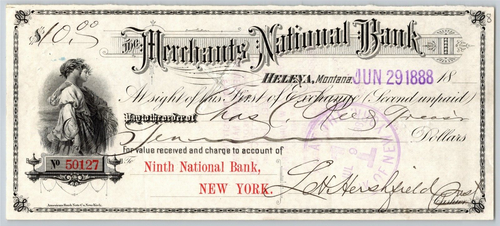 Helena Montana Merchants National Bank Check 1888 Ninth New York w ...