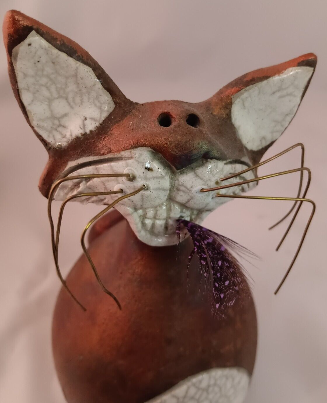 Round Tree Pottery Raku Naughty Cat with Feather Figure signed Nolan ...