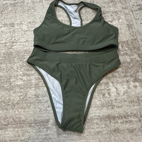 NWOT 2 Piece Swimsuit Olive Green Racer Back Top High Waisted Bottoms ...