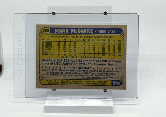 1987 Topps Baseball Mark McGwire Card #366 Rookie Card / This Card is ...