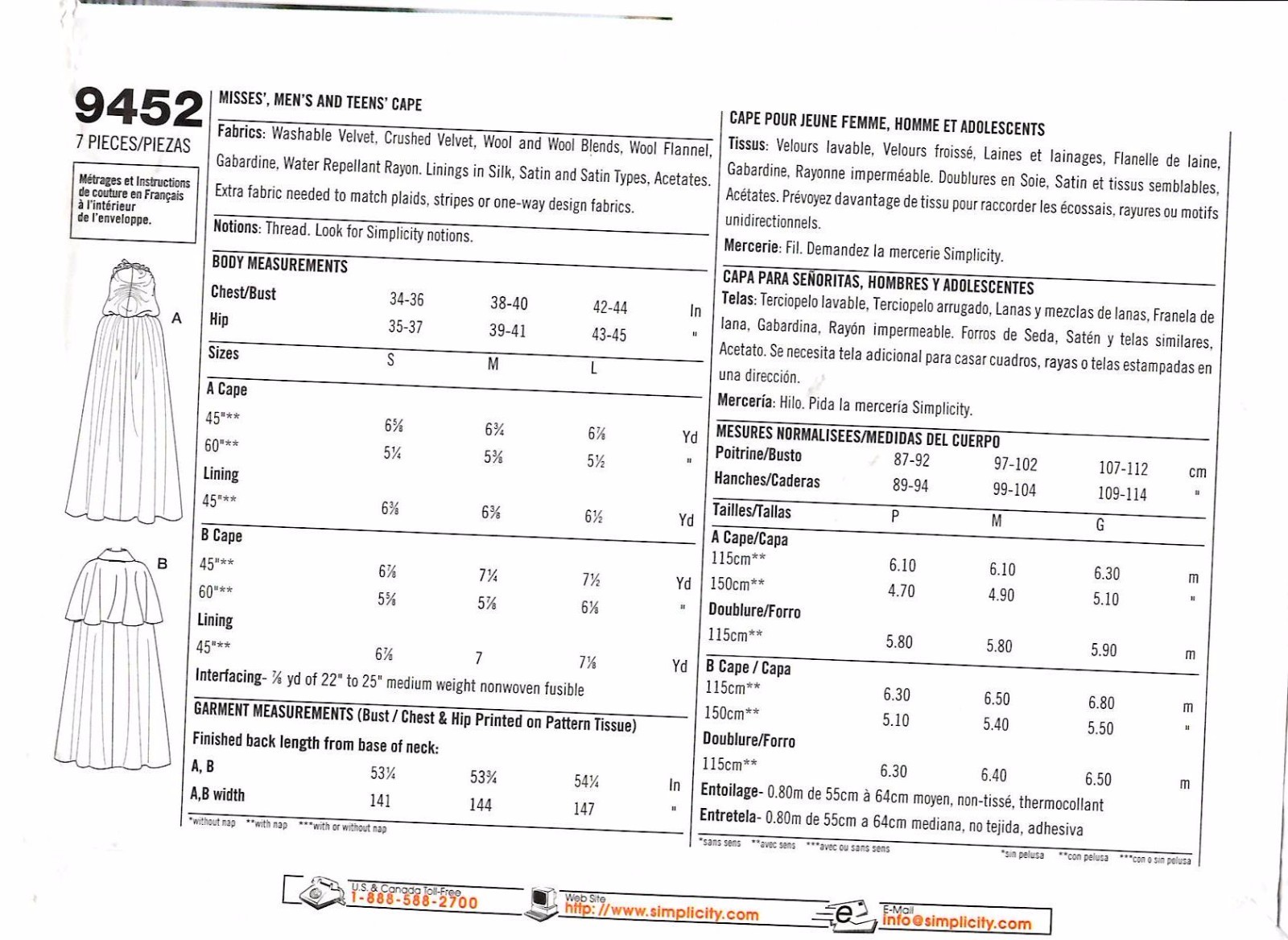 OOP 2000 Misses Men Teen Cape Costume Uncut Simplicity 9452 Pattern ...