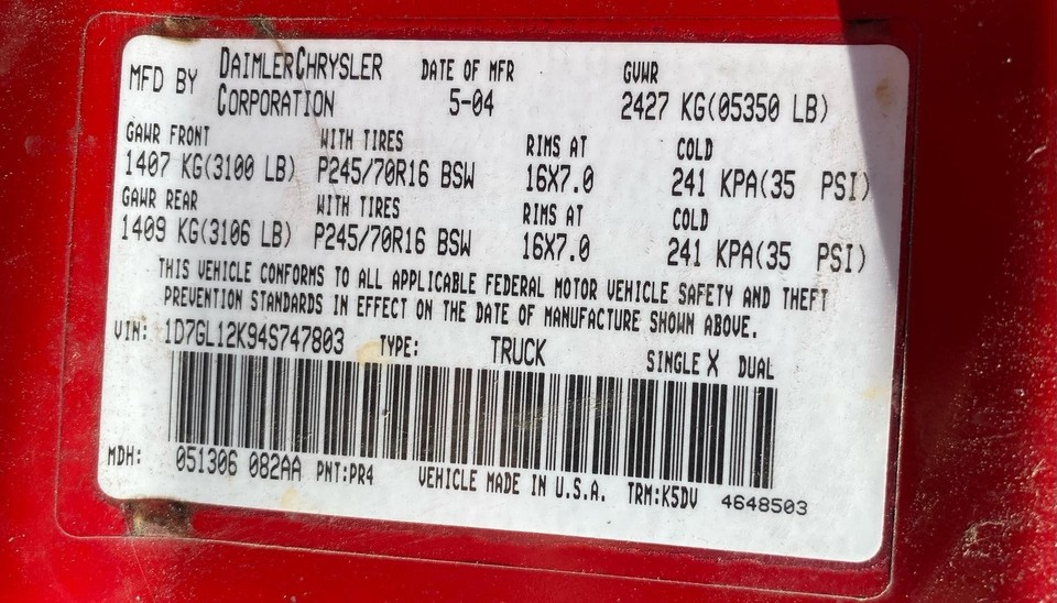 2004 Dodge Dakota Radiator Support Upper Tie Bar Red OEM 3.7L | eBay