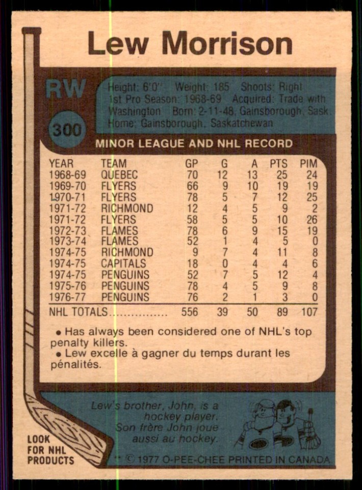 1977-78 O-Pee-Chee Lew Morrison Pittsburgh Penguins #300 | eBay