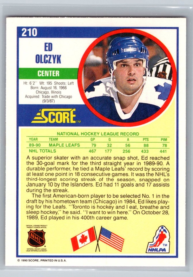 1990-91 Score Ed Olczyk Toronto Maple Leafs #210 | eBay