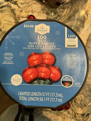 Holiday Time 58 Ft 100 Count Red LED Super Bright G30 Christmas String ...