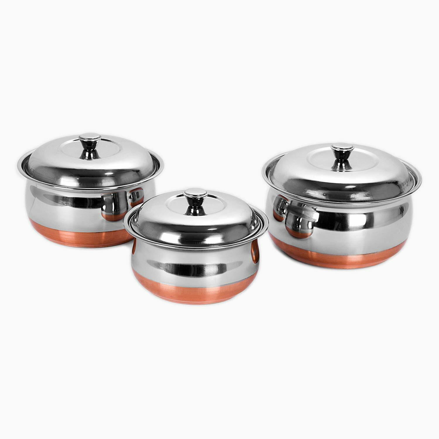 Stainless Steel Copper Bottom Handi Pot with Lid (Silver) - 3 Pcs Set ...