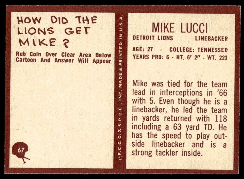 1967 Philadelphia Mike Lucci Rookie Detroit Lions #67 | eBay