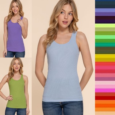 Round Neck Racerback Ribbed Tank Top Soft Stretch Thin Cotton Fitted ...