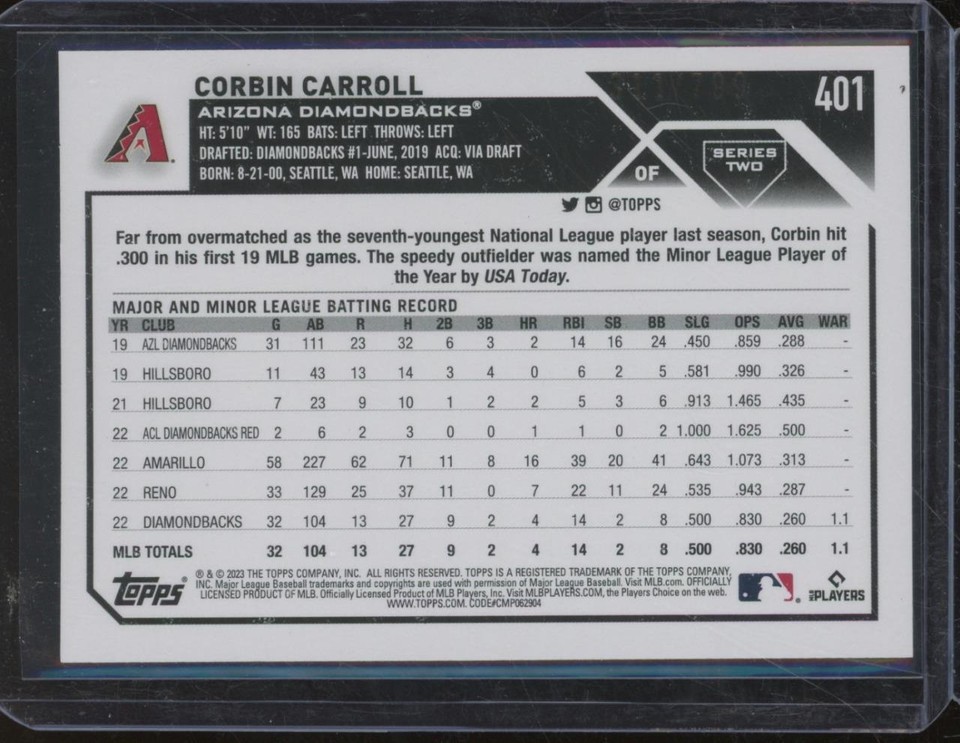 2023 Topps Series Two CORBIN CARROLL #401 RC Rookie Purple Foil ...