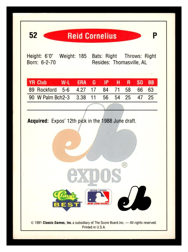 1991 Classic Best Reid Cornelius #52 West Palm Beach Expos | eBay