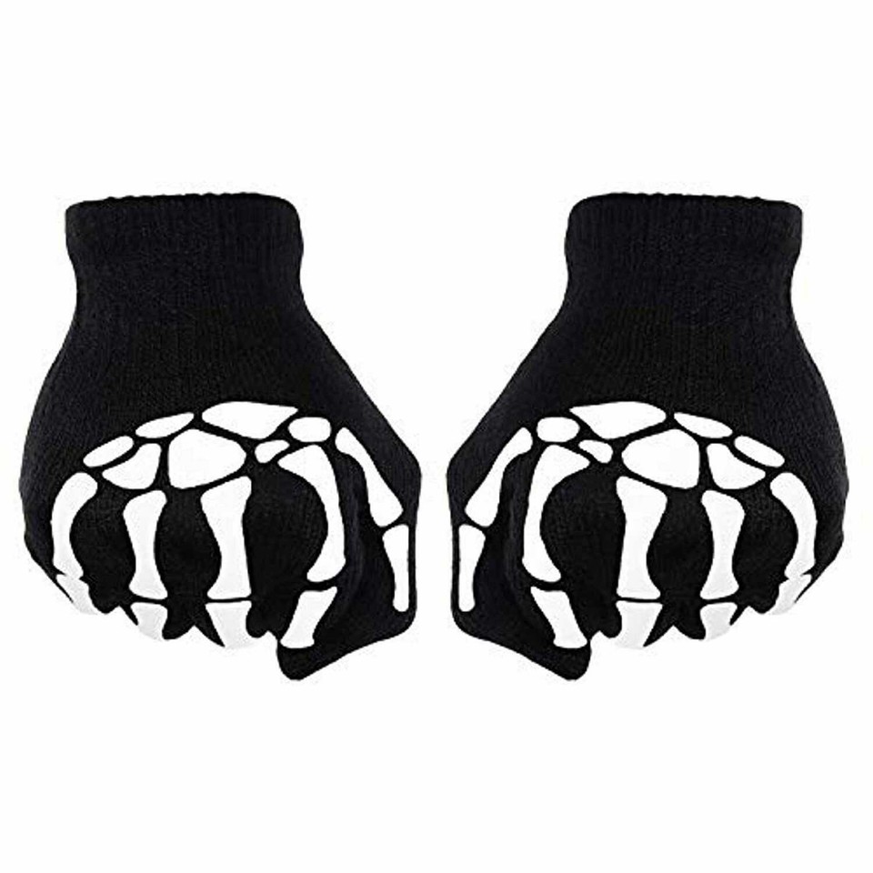 Goth Winter GLOW SKELETON HAND BONE GLOVES Black/White Stretch Knit ...