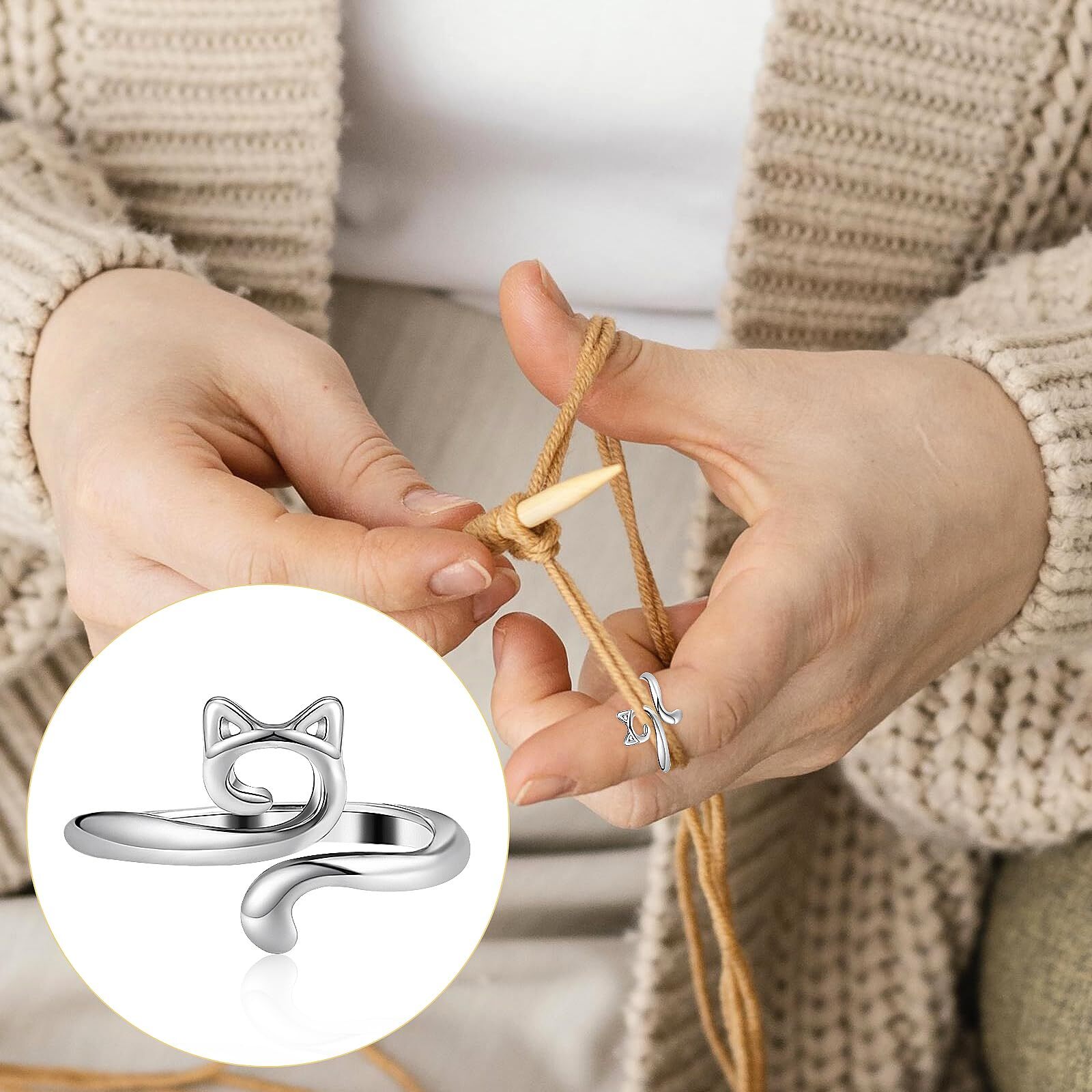 6pcs Cat Ears Crochet Ring Adjustable Knitting Crochet Loop Rings Cat ...