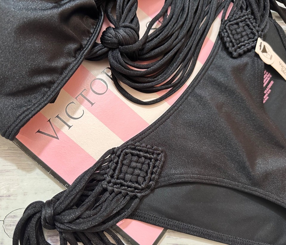 Victoria's Secret Swim Macrame Fringe Bralette Cheeky Set Black | eBay