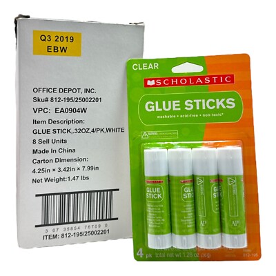 Scholastic Glue Sticks Washable-Acid Free-Non Toxic 4pk each -LOT OF 32 ...