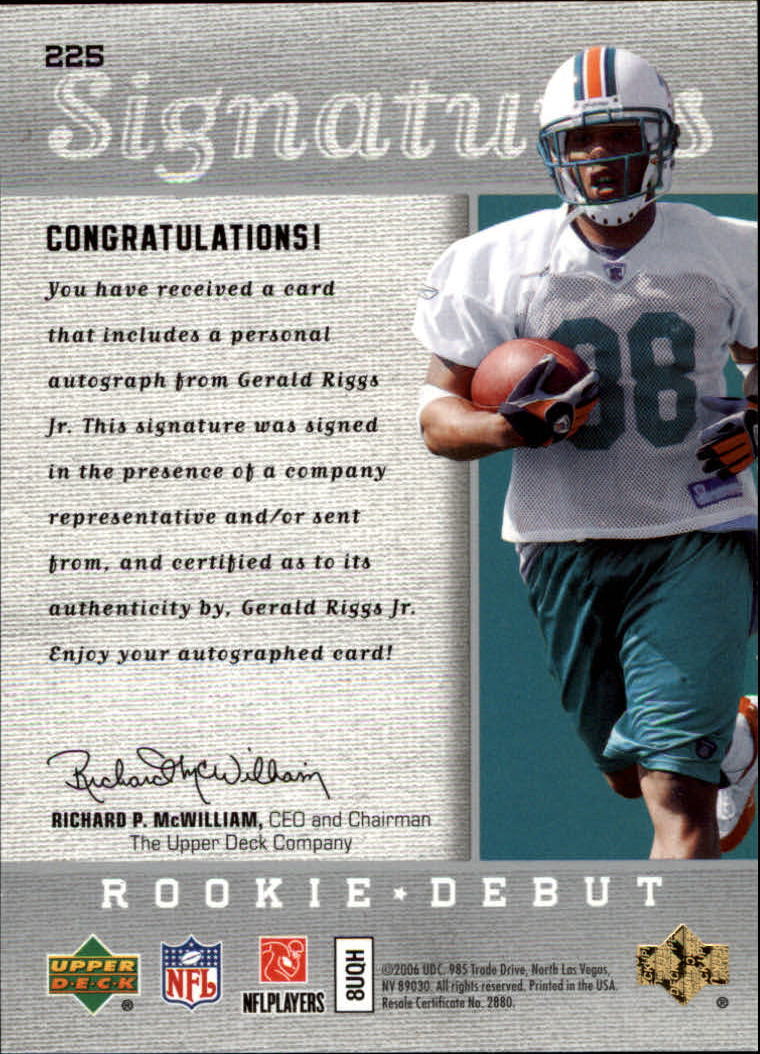 T0899 - 2006 Upper Deck Rookie Debut #225 Gerald Riggs RC Autograph ...