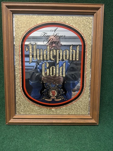 VINTAGE HUDEPOHL GOLD Glass Beer Sign Wood Frame Deer Foil Inlay 20" x ...
