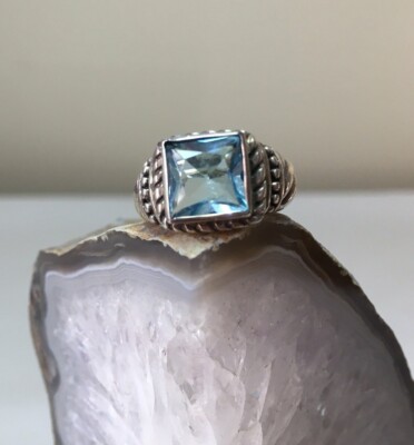 Dramatic Natural Faceted Square Blue Topaz, Sterl. Silver Handmade Ring ...