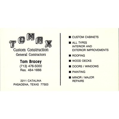 Tomax Construction Tom Bracey Pasadena TX Vintage Business Card SC9-B6 ...