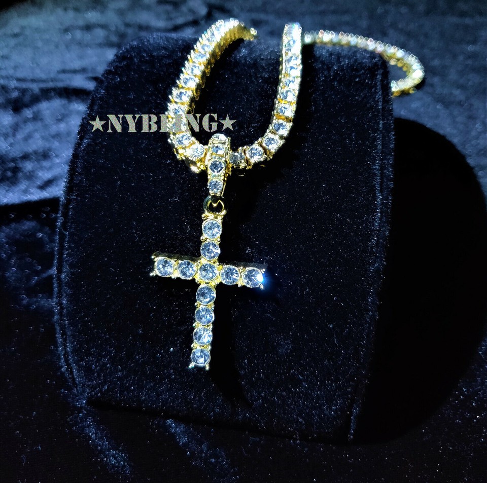 14k Gold Plated Tennis Chain Cross Pendant CZ Choker Necklace ICED ...