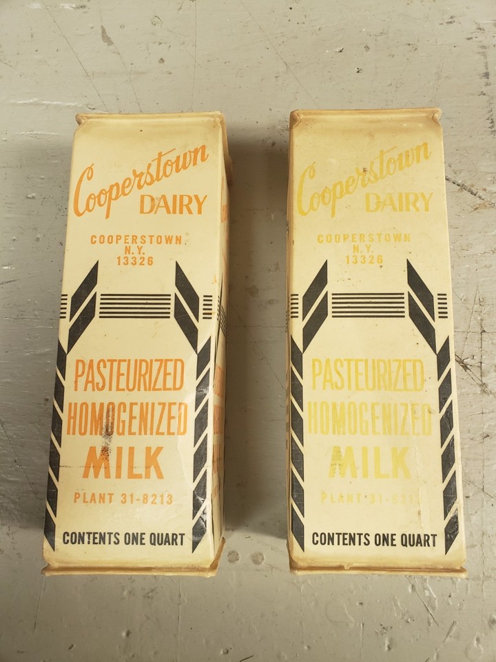 TWO COOPERSTOWN DAIRY NY Quart Waxed Milk Cartons...Baseball HOF town ...