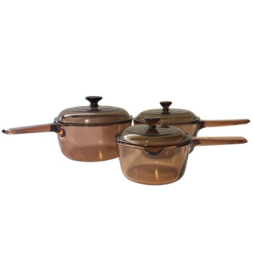 Vintage Corning Vision Amber Glass Cookware Set 3 Saucepans with 3 Lids ...