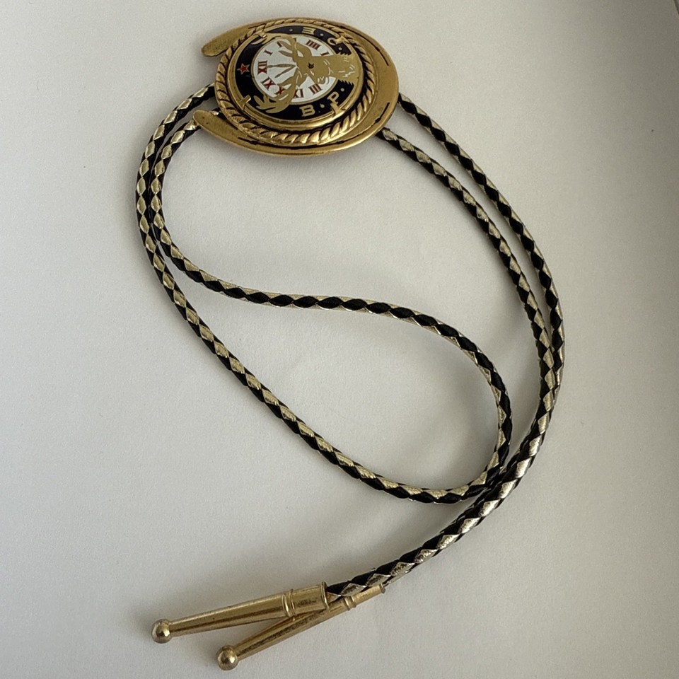 BPOE Elks Bolo Tie Deer Clock Horseshoe Western Golden Black Rope Slide ...