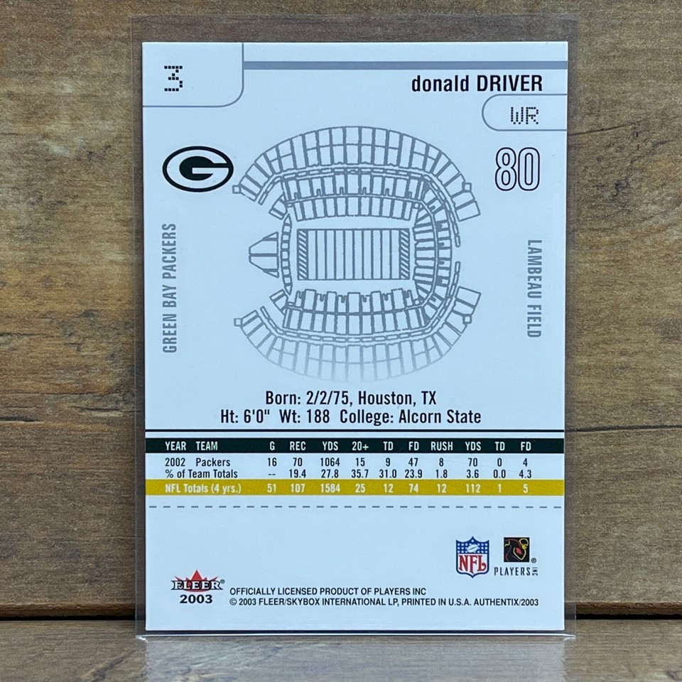 2003 Fleer Authentic Football Card #3 Donald Driver Green Bay Packers ...