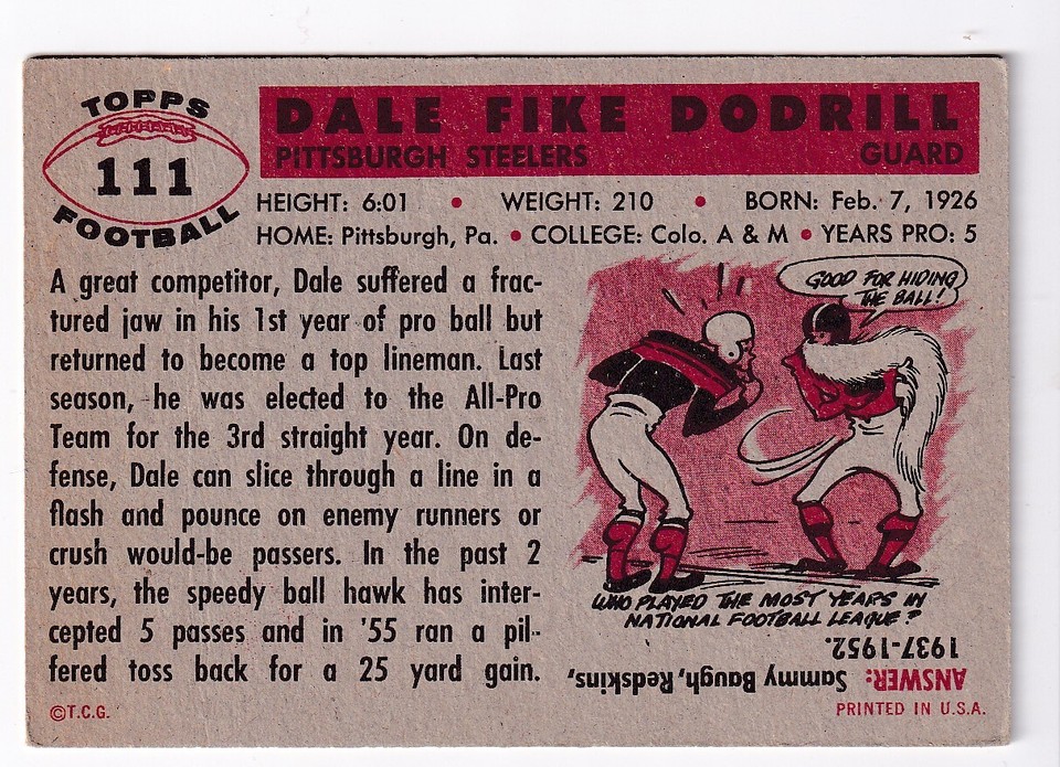Dale Dodrill 1956 Topps NFL Football Trading Card #111 Steelers | eBay