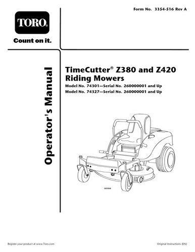 Owner's Manual TORO TimeCutter Z380 & Z420 Riding Mowers -Models 74301 ...