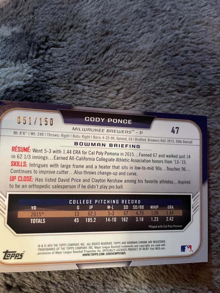 Cody Ponce 2015 Bowman Chrome Draft Picks Prospect BLUE Refractor #'d ...