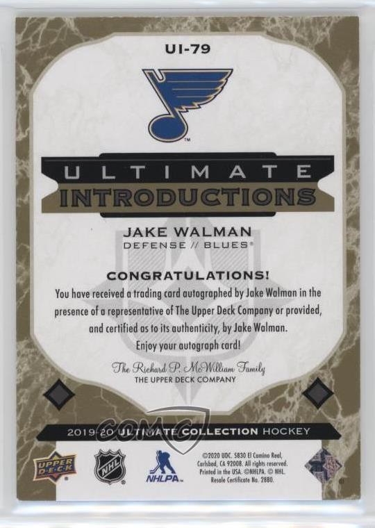 2019-20 Ultimate Collection Introductions Gold Jake Walman Rookie Auto ...
