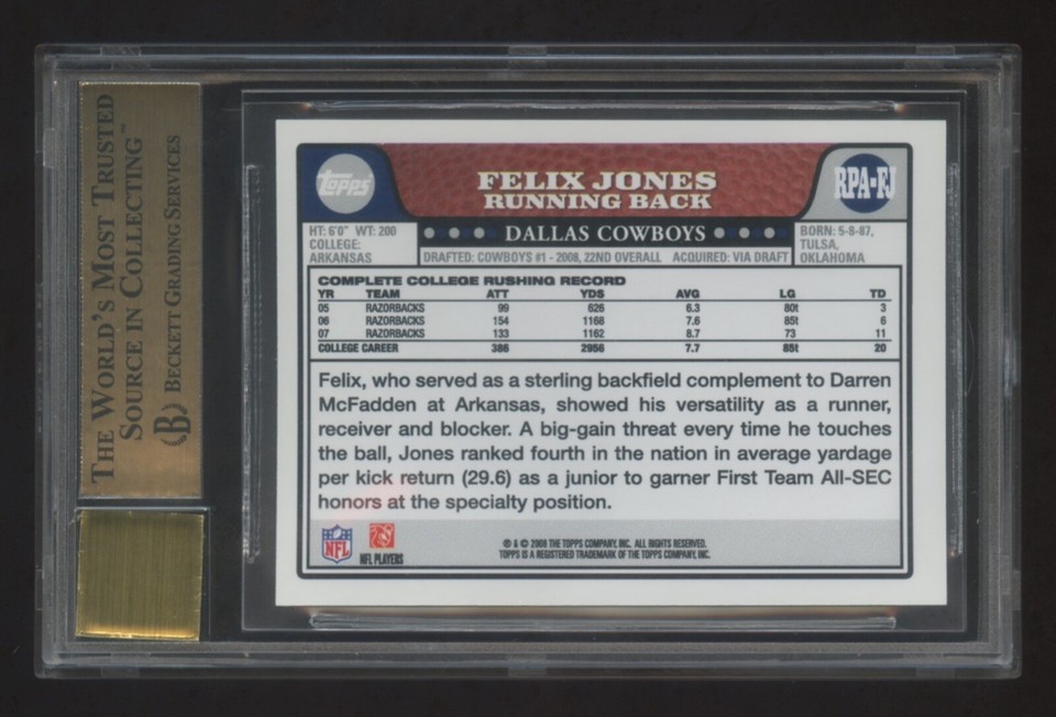 BGS 9.5 *10* FELIX JONES 2008 TOPPS RC AUTOGRAPH PHOTO SHOOT SP COWBOYS ...