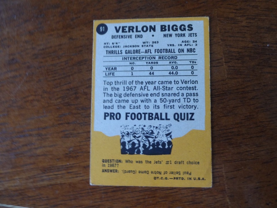1967 TOPPS FOOTBALL#91 VERLON BIGGS NEW YORK JETS VG CR A-940 | eBay