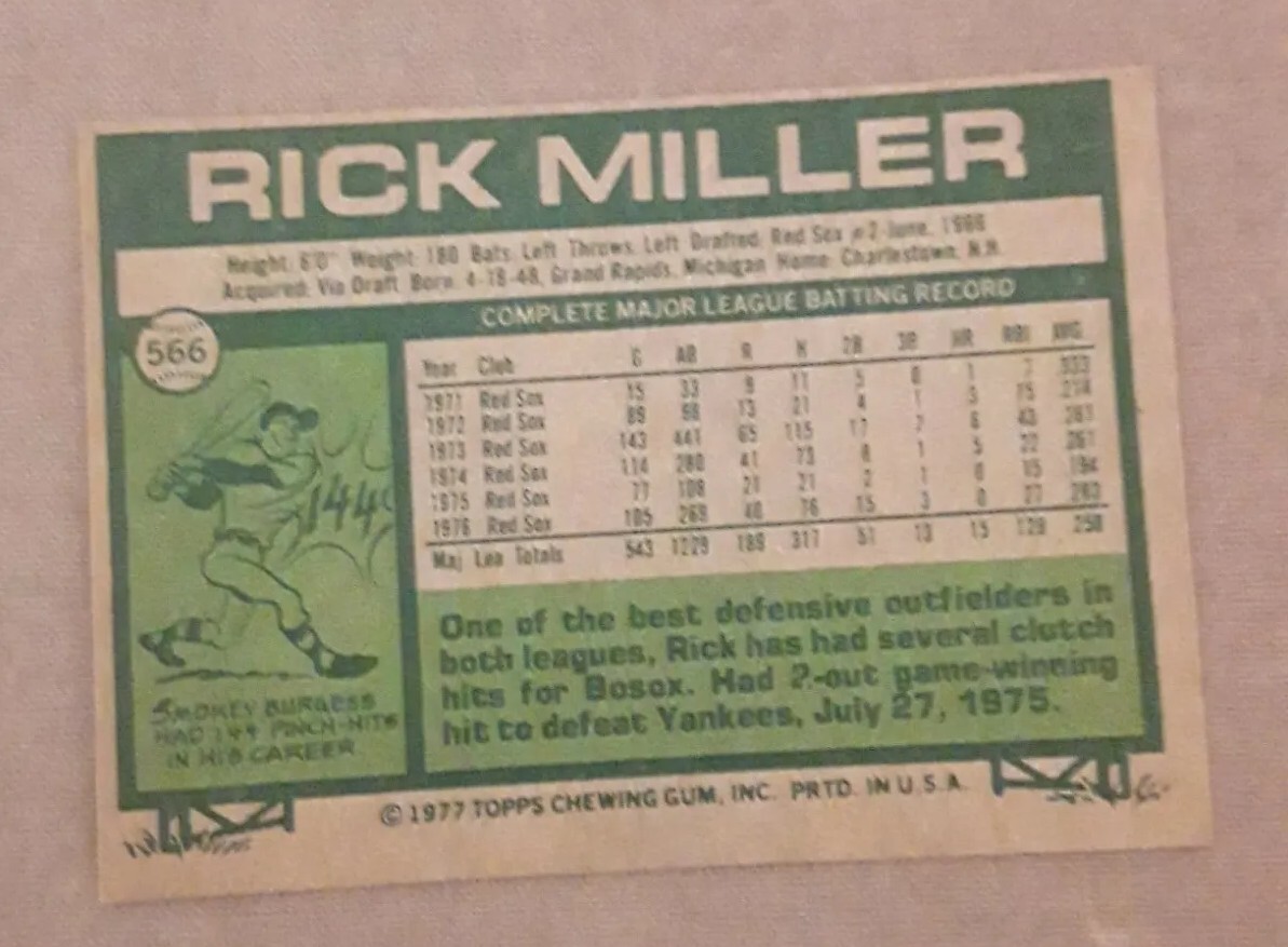 1977 Topps Rick Miller baseball card #566. Boston Red Sox. | eBay