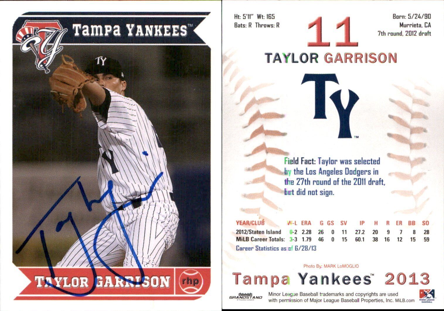 Taylor Garrison Signed 2013 Grandstand Tampa Yankees RC Card *Autograph ...