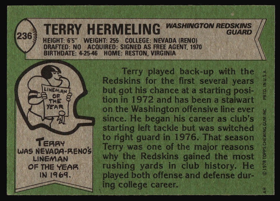 1978 Topps Terry Hermeling #236 Washington Redskins | eBay