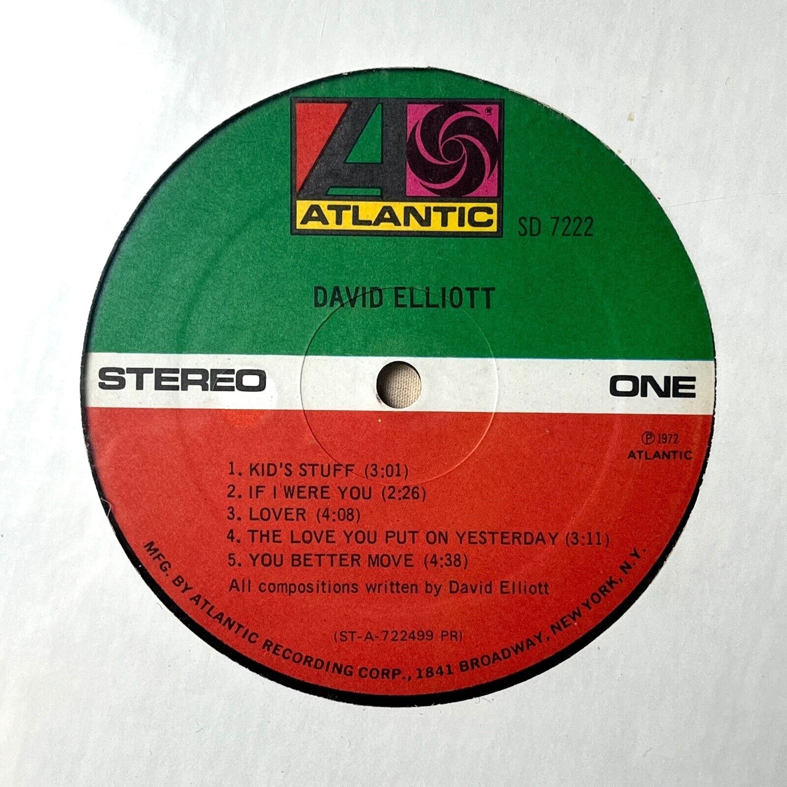 DAVID ELLIOTT (Self-Titled) 1972 Vinyl LP Atlantic SD 7222 Generic ...